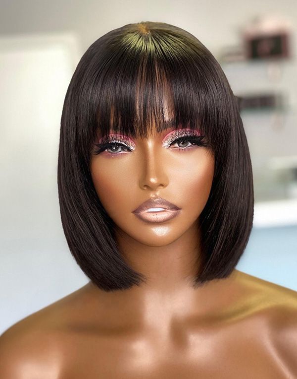 10 14 Inch Layered Bob with Bangs Glueless Human Hair Lace Wig Closure Wig INS001