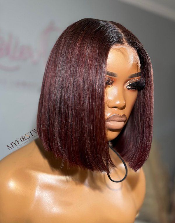OpHair Human Hair Burgundy Blunt Cut Bob Glueless Lace Front Wig OPH089
