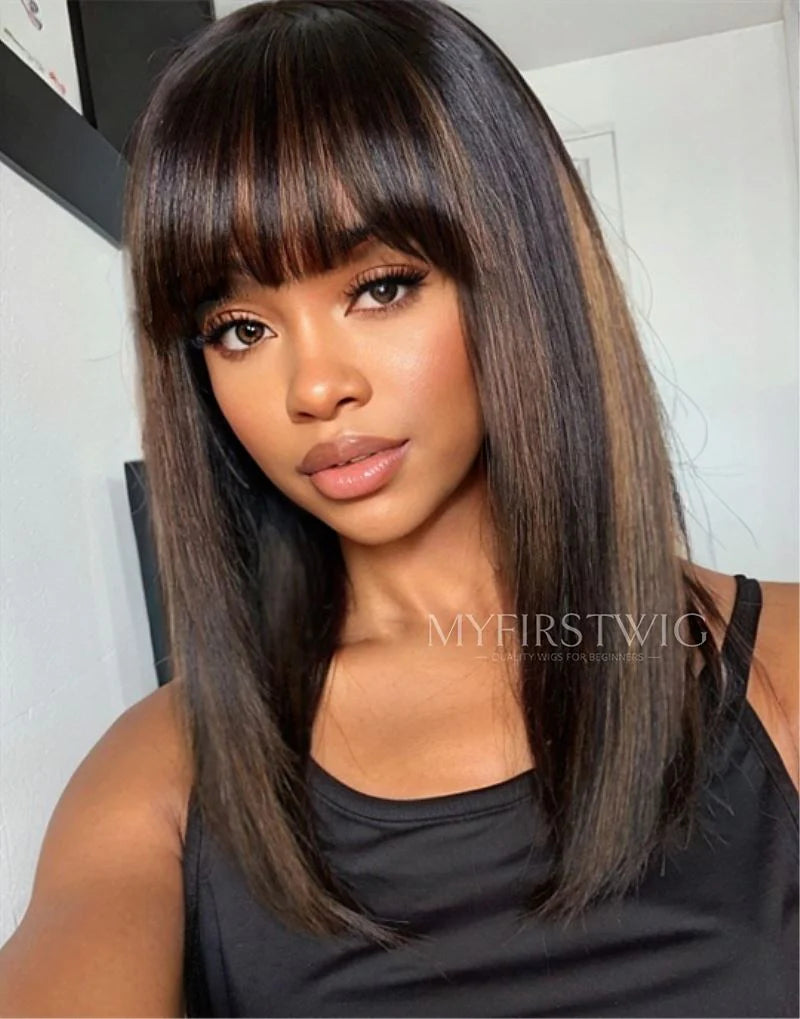 14-20 Inch Brown Highlights with Bangs Fringe 5x5 Wear Go Glueless Hum ...