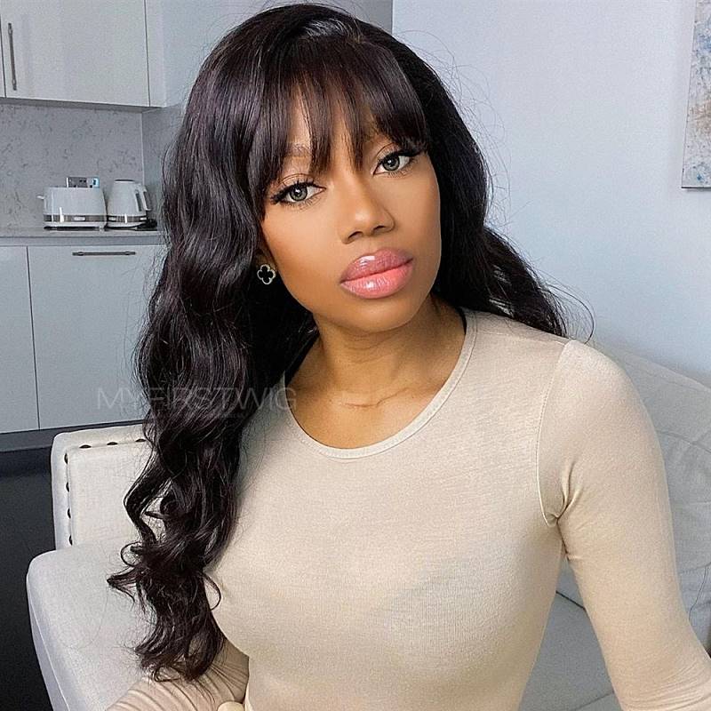 14-20 Inch Beach Wave With Bangs Fringe 5x5 Wear Go Glueless Human Hai ...