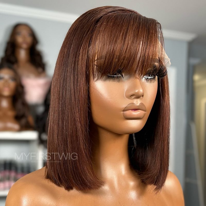 Ginger Brown Bob With Bangs Fringe Invisible Lace Glueless Human Hair ...