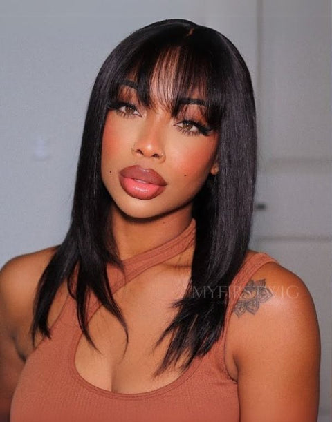 Bangs Fringe with Layers Glueless Invisible Human Hair Lace Front Wig ...