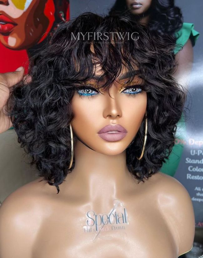 ASPECIALUNIT- Wavy Wig With Bangs Fringe Invisible Lace Glueless Human ...