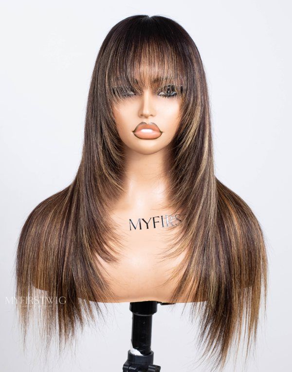 Blonde Highlight Layers With Bangs Fringe Glueless Human Hair Lace Fro ...