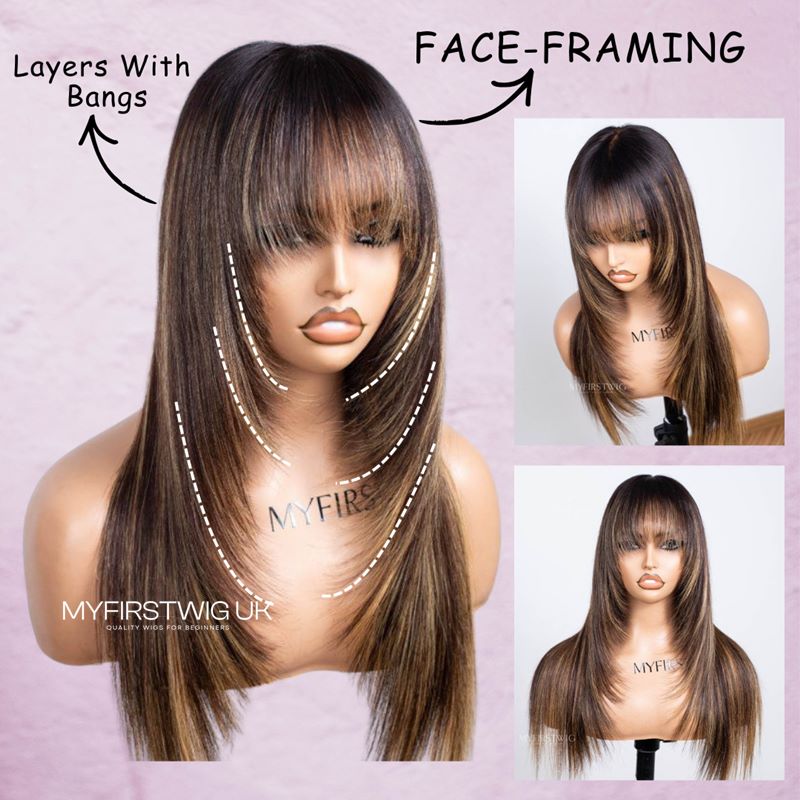 Blonde Highlight Layers With Bangs Fringe Glueless Human Hair Lace Fro ...