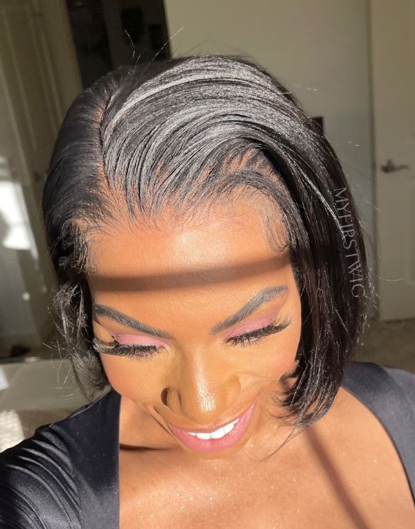 Glueless Natural Hair Yaki Texture Blunt Cut Bob Middle Part & Side Pa ...