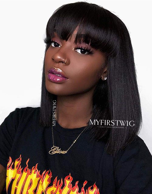 10-12 Inch Bob with Bangs Fringe5x5 Wear Go Glueless Human Hair Wigs ...