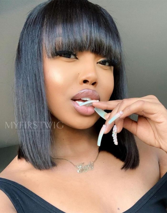 10-12 Inch Bob with Bangs 5x5 Wear Go Glueless Human Hair Wigs - BFB00 ...