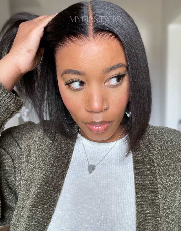 10-12 Inch Blunt Cut Yaki Texture 5x5 Wear Go Glueless Human Hair Wigs ...