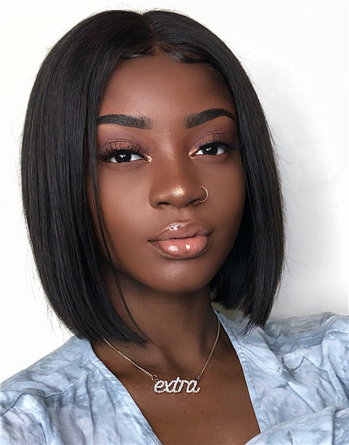 Aries - Short Human Hair Blunt Cut Bob Glueless Invisible Lace Front W ...
